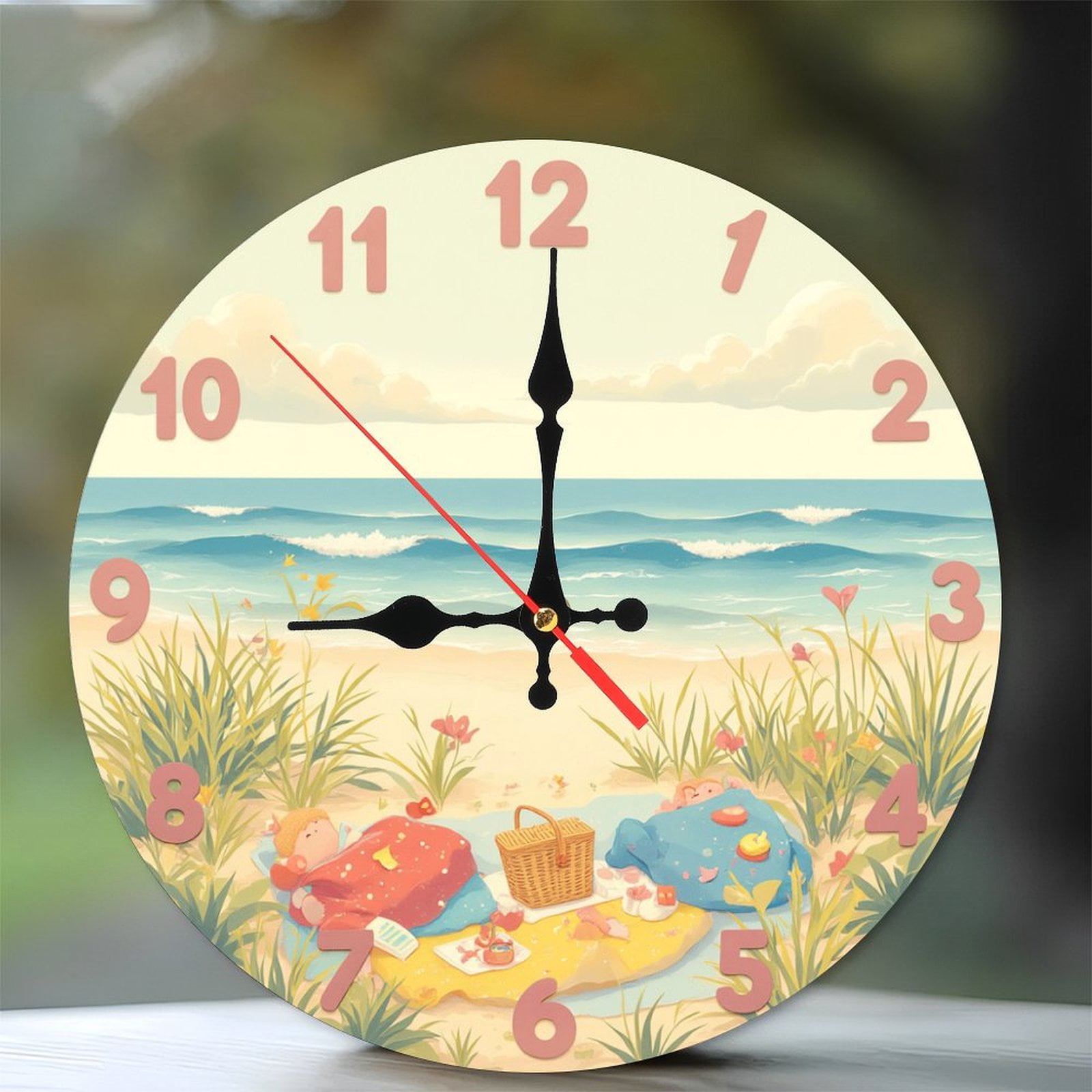 Beach Picnic Clock Wall Decor Summer Ocean 10-Inch Silent Wooden Wall ...