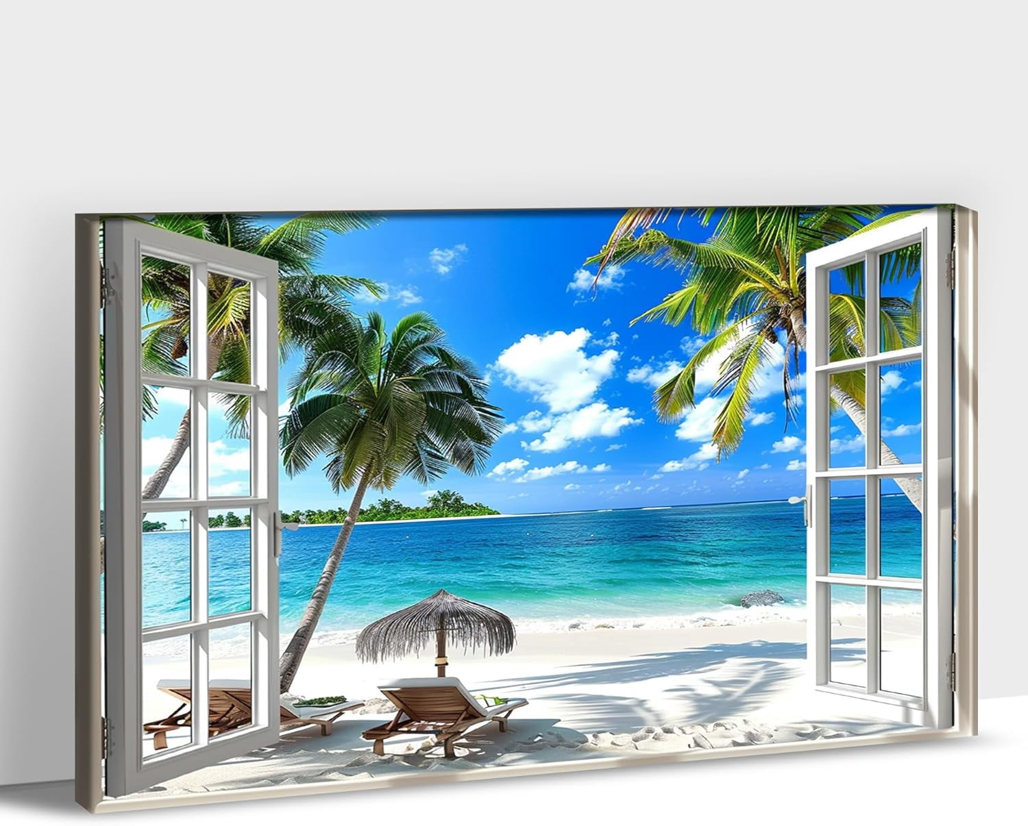 Beach Pictures Wall Art Decor - Blue Ocean Painting, White Window Frame ...