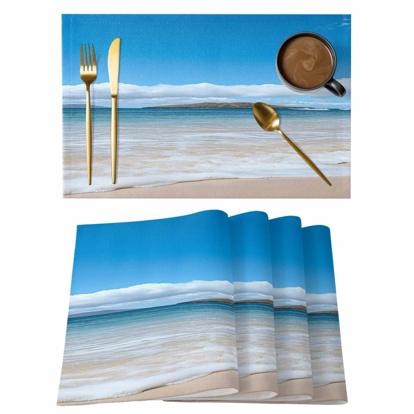 Beach Placemats Set of 8 Summer Ocean Blue Sky Sand Waves Modern Style ...