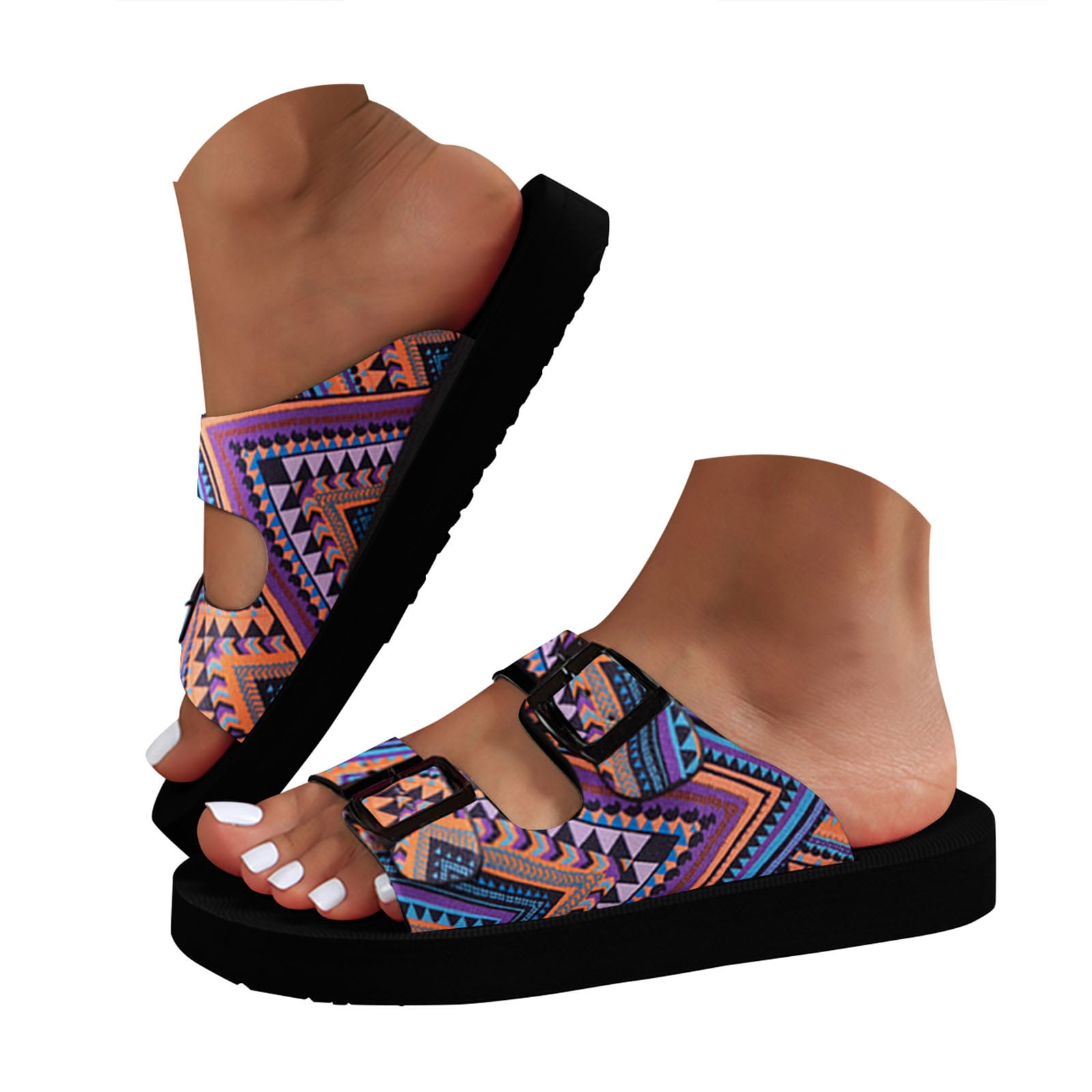 Beach Platform Slippers for Women Boho Summer Buckle Wide Open Toe Slip ...