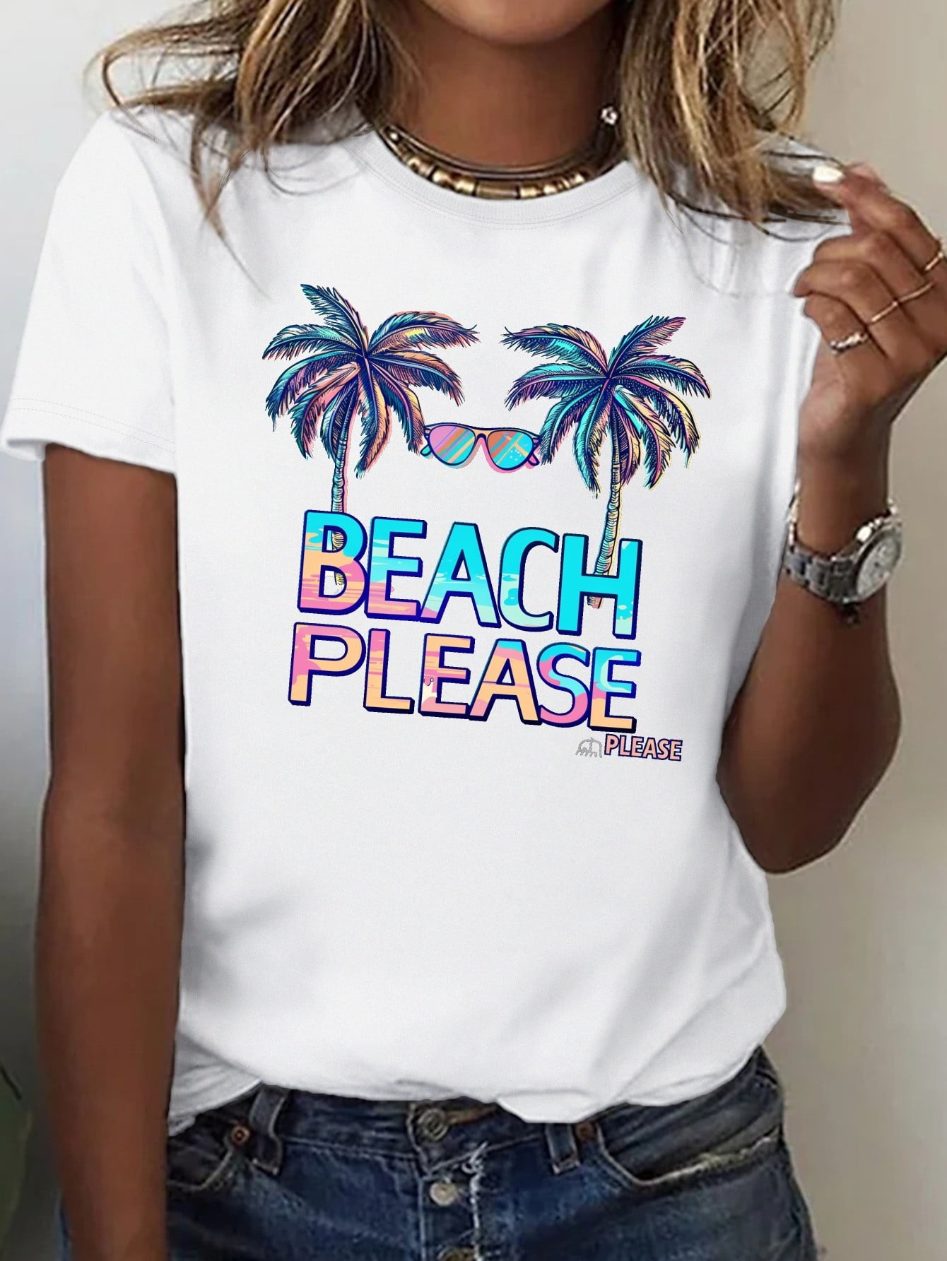 [Beach Please Neon T-Shirt] Neon Print Beach Please T-Shirt - Casual ...