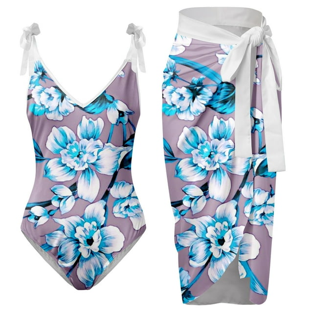 Beach Pool Womens V Neck Flower Printed Swimsuit Apron Skirt Bikini