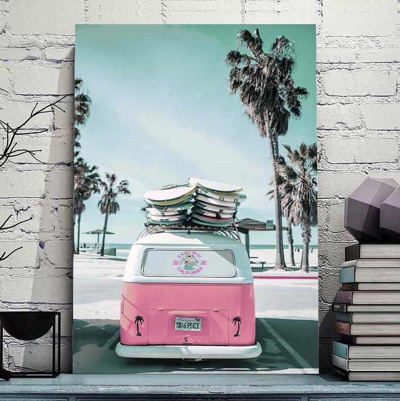 Beach Poster Coastal Wall Art Surfboad & Pink Car Poster Ocean Canvas ...