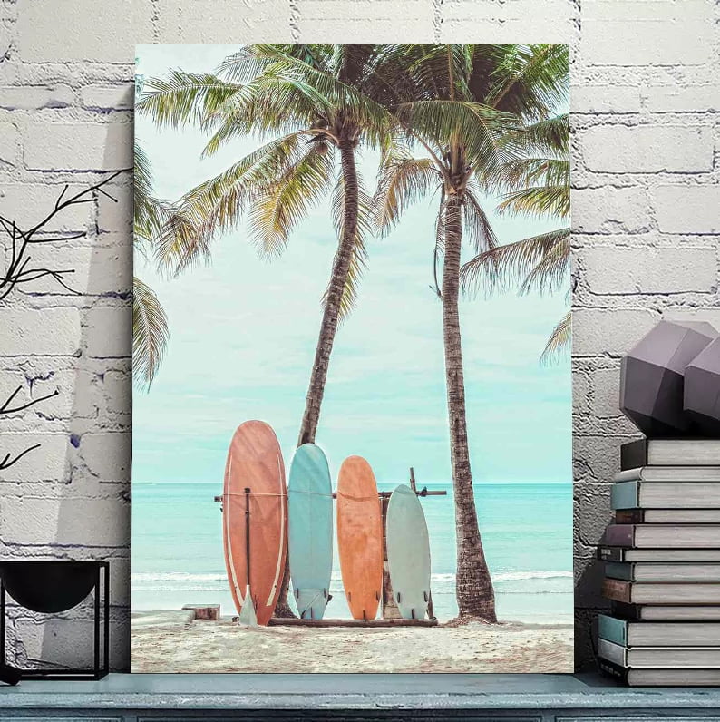 Beach Poster Coastal Wall Art Surfboad & Pink Car Poster Ocean Canvas ...