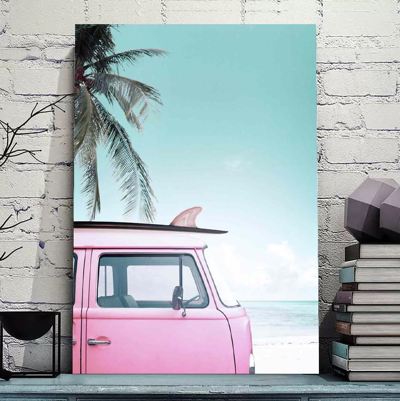 Beach Poster Coastal Wall Art Surfboad & Pink Car Poster Ocean Canvas ...