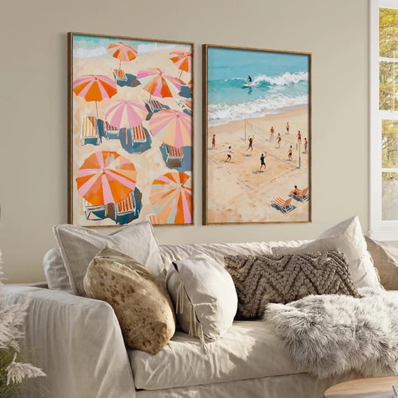 Beach Posters Coastal Volleyball & Umbrellas Art Printed Poster, Poster ...