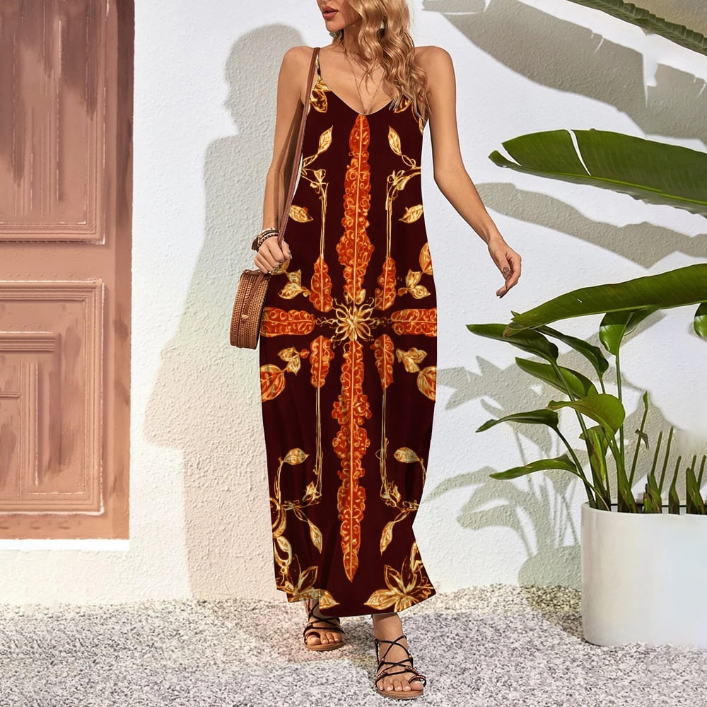 Beach Printed Halter Summer Robe Sling V Neck Sleeveless Women's ...