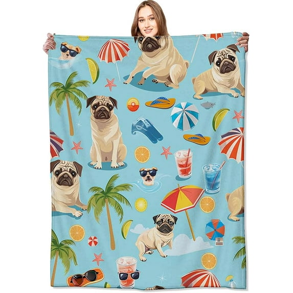Beach Pug Blanket Fun and Playful Dog with Umbrellas and Palm Tree ...
