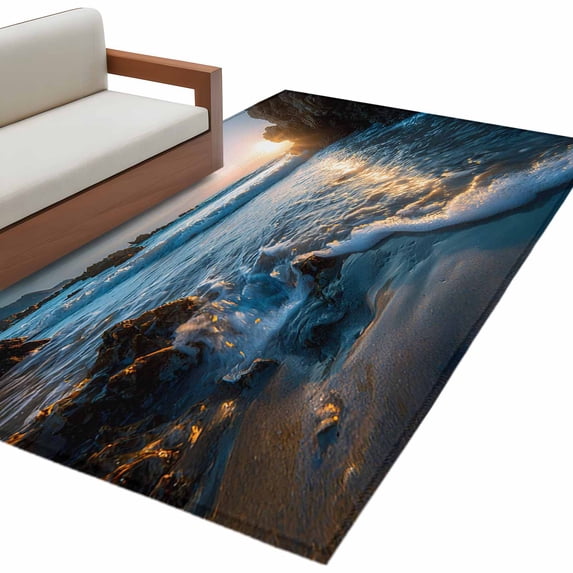 Beach Reef Area Rugs Collection 3'x5', Shiny Sunset Ocean Waves Natural ...