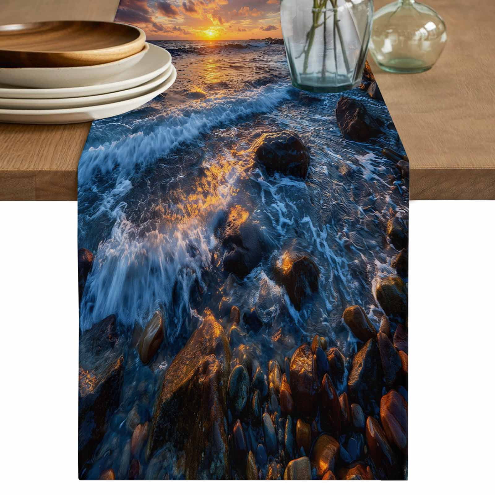 Beach Reef Cotton Linen Table Runner for Dining Kitchen, Beach Sunset ...