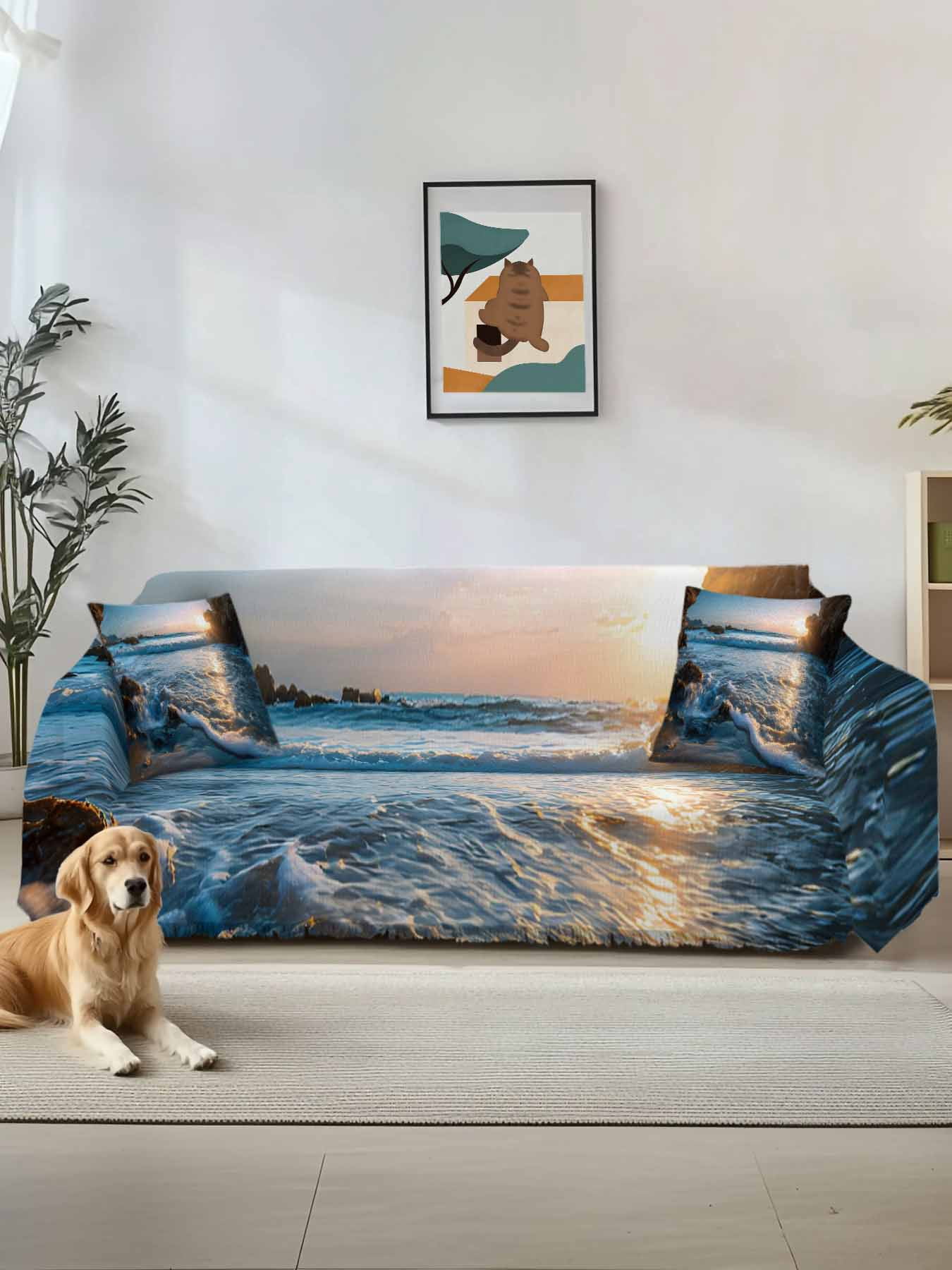 Beach Reef Couch Cover for 2 Cushion Couch, Shiny Sunset Ocean Waves ...