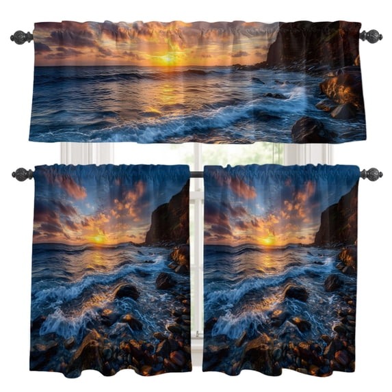 Beach Reef Kitchen Curtains Set for Windows, Country Sunset Ocean Waves ...