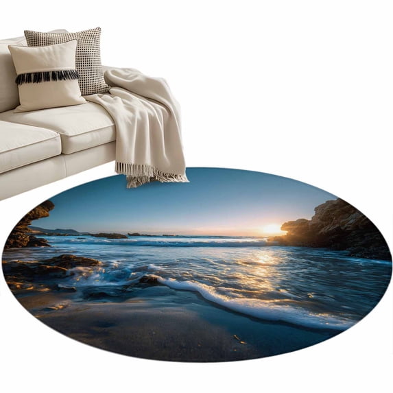 Beach Reef Round Area Rugs Collection 3', Shiny Sunset Ocean Waves ...