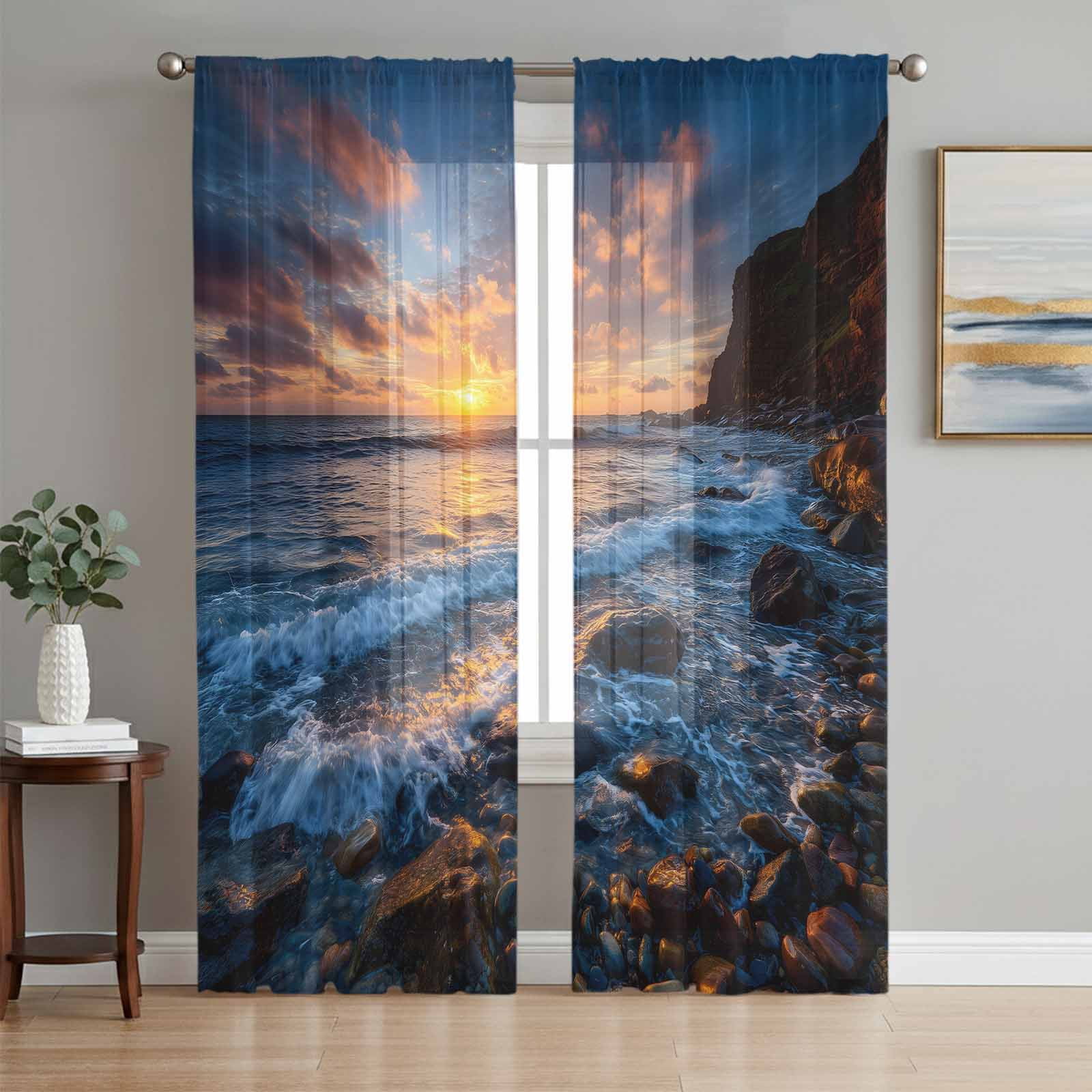 Beach Reef Sheer Curtains 84 Inch Length 2 Panels Set, Beach Sunset ...