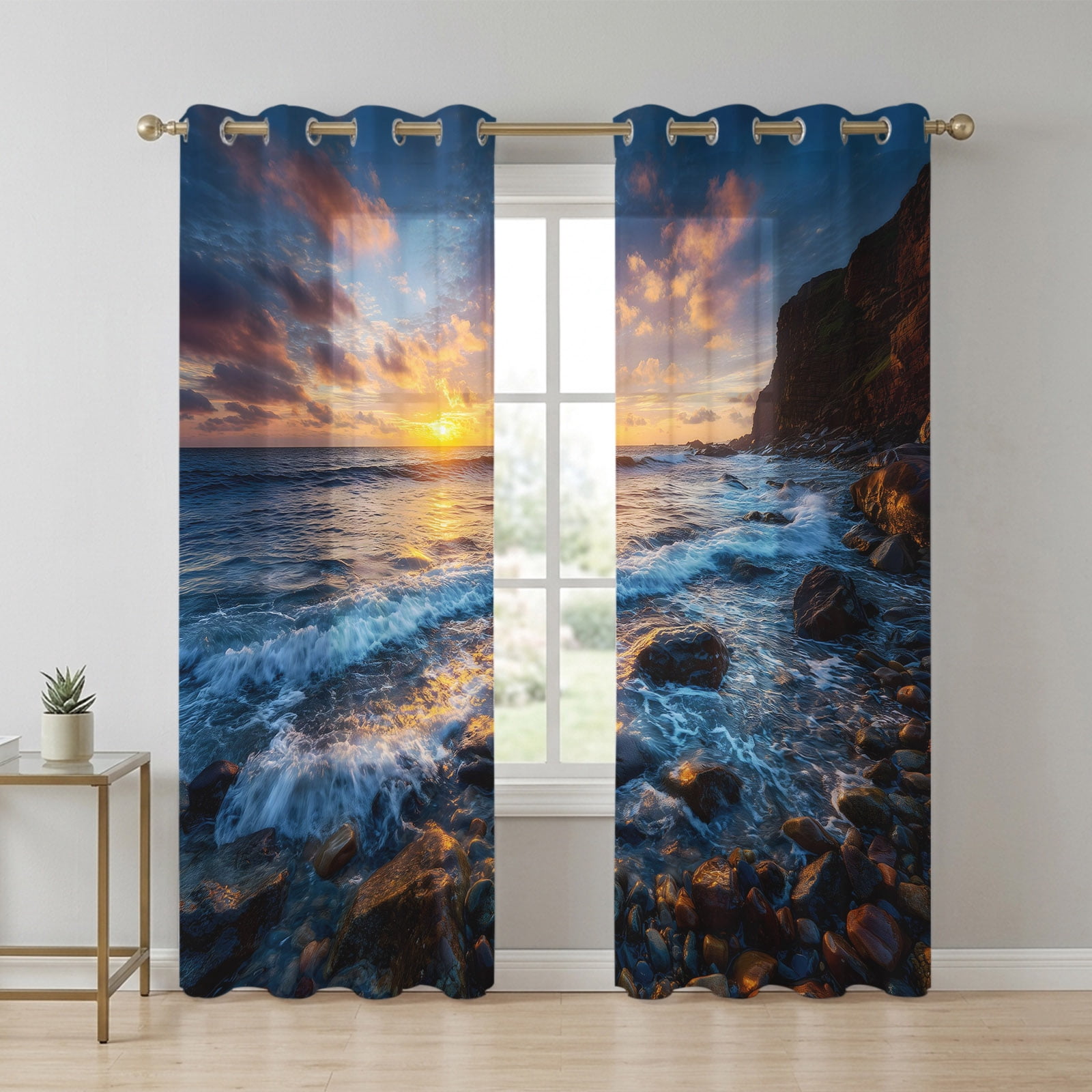 Beach Reef Sheer Curtains 84 Inch Long 2 Panels, Country Sunset Ocean ...
