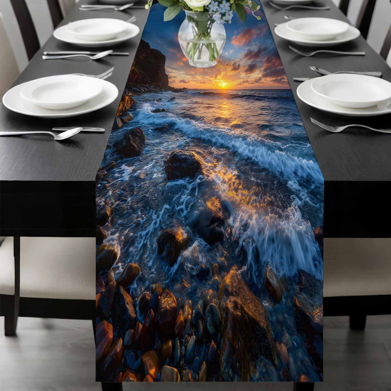 Beach Reef Table Runner, Country Sunset Ocean Waves Reef Beach Washable ...