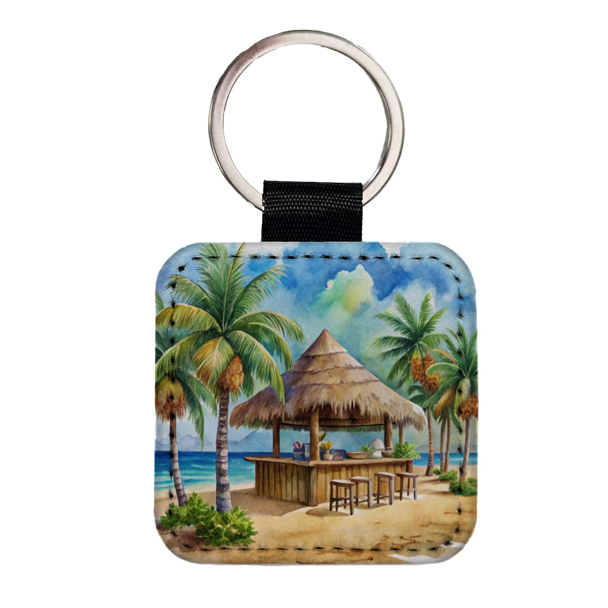 Beach Resort Tropical Scene With Tiki Bar Faux Leather Square Keychain ...