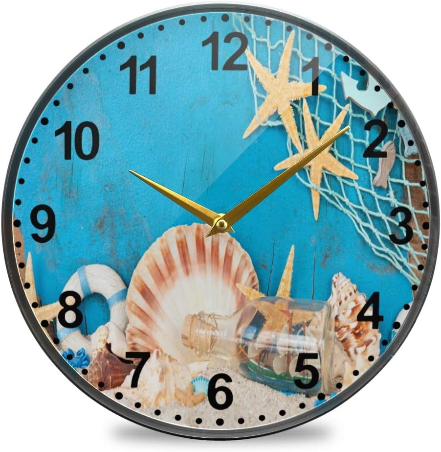 Beach Sand Sea Shells Pattern Wall Clock Silent Non Ticking 9.5 Inch ...