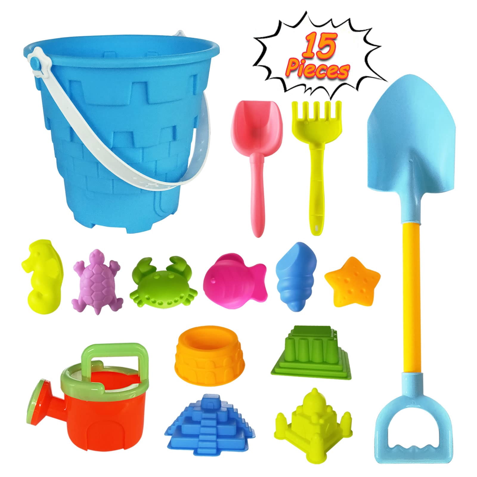 Beach Sand Toy Set MMF7 for Kids, 15PCS Sand Toys with Beach Bucket ...