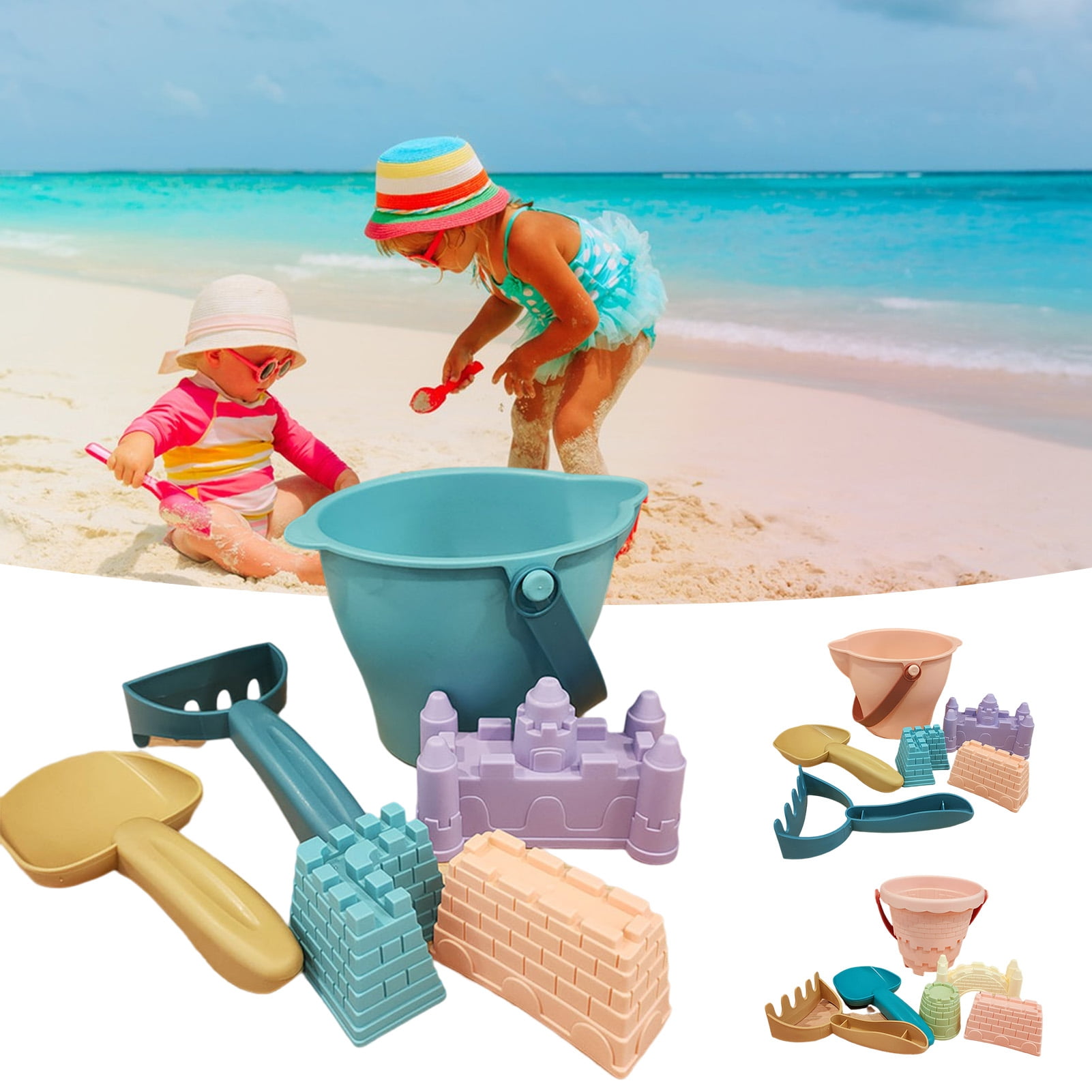 Beach Sand Toys - 1 Set Colored Sand Bucket Shovel Rake Castle Molds ...
