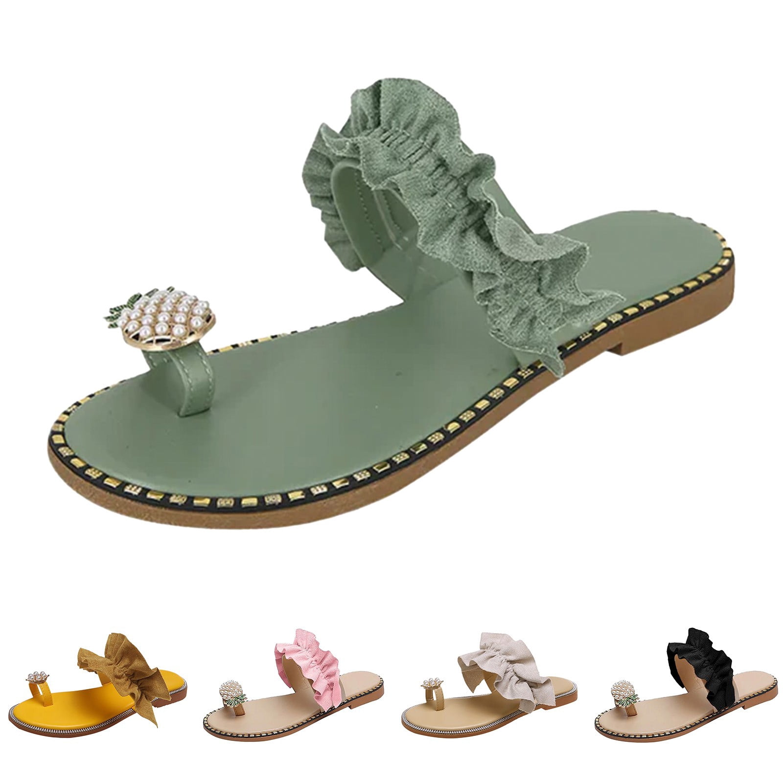 Beach Sandals for Woman Cute Peal Flat Flip Flops Open Toe Fashion Slip ...