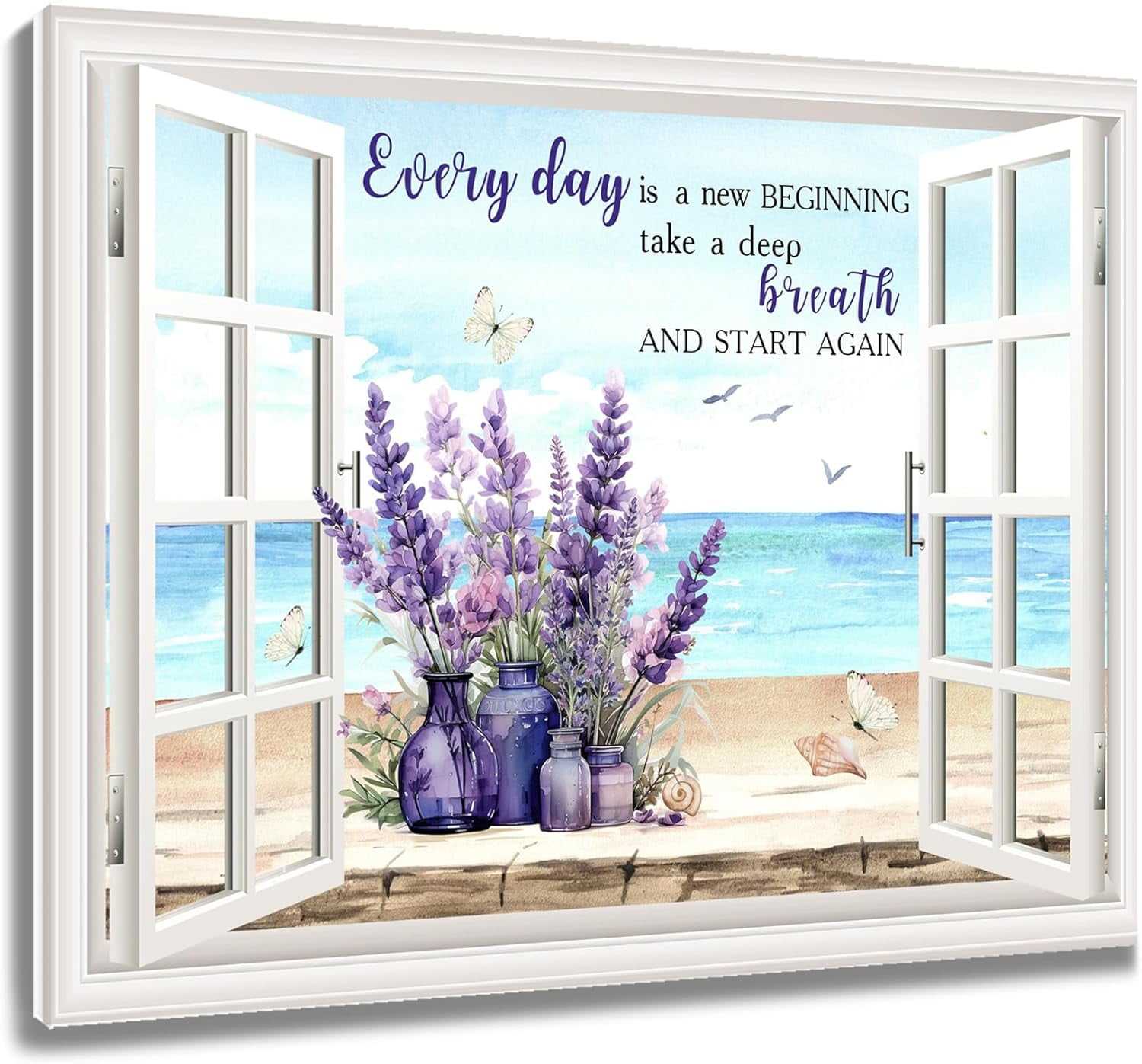 Beach Scene Canvas Wall Art Purple Floral and Butterfly Ocean Scenery ...