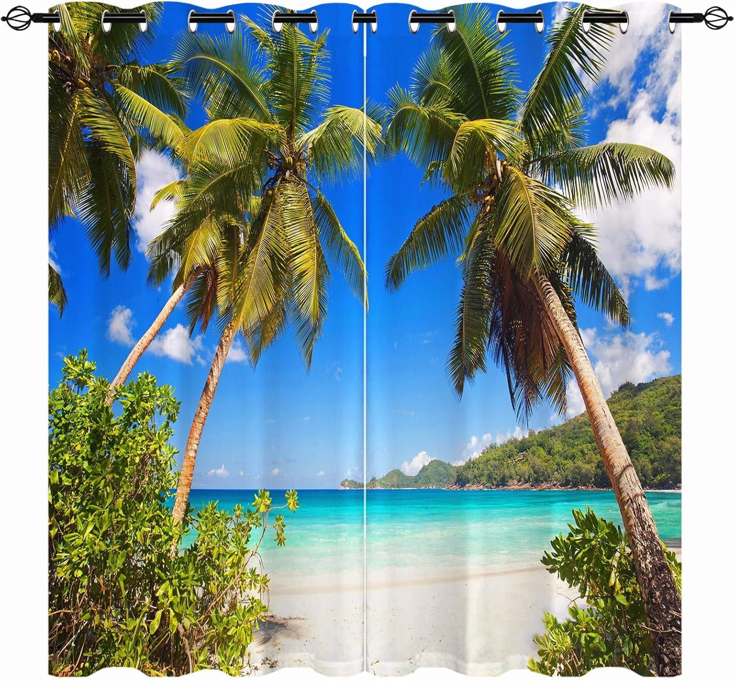 Beach Scene Curtains, Tropical Coastal Hawaiian Palm Trees Summer Ocean ...