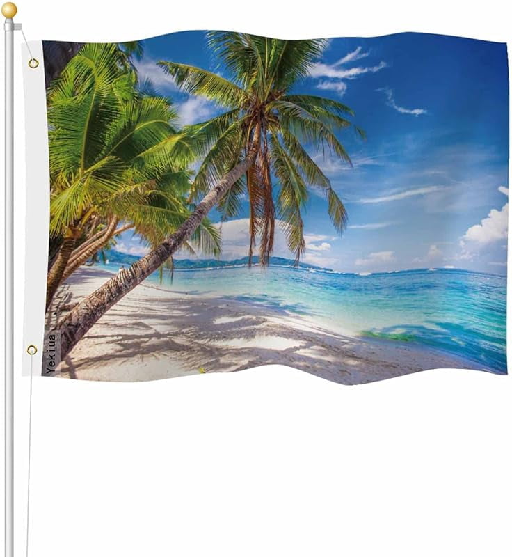 Beach Scene Flag 3X5 Palm Tree On White Sandy Summer Nature Blue Sky UV ...