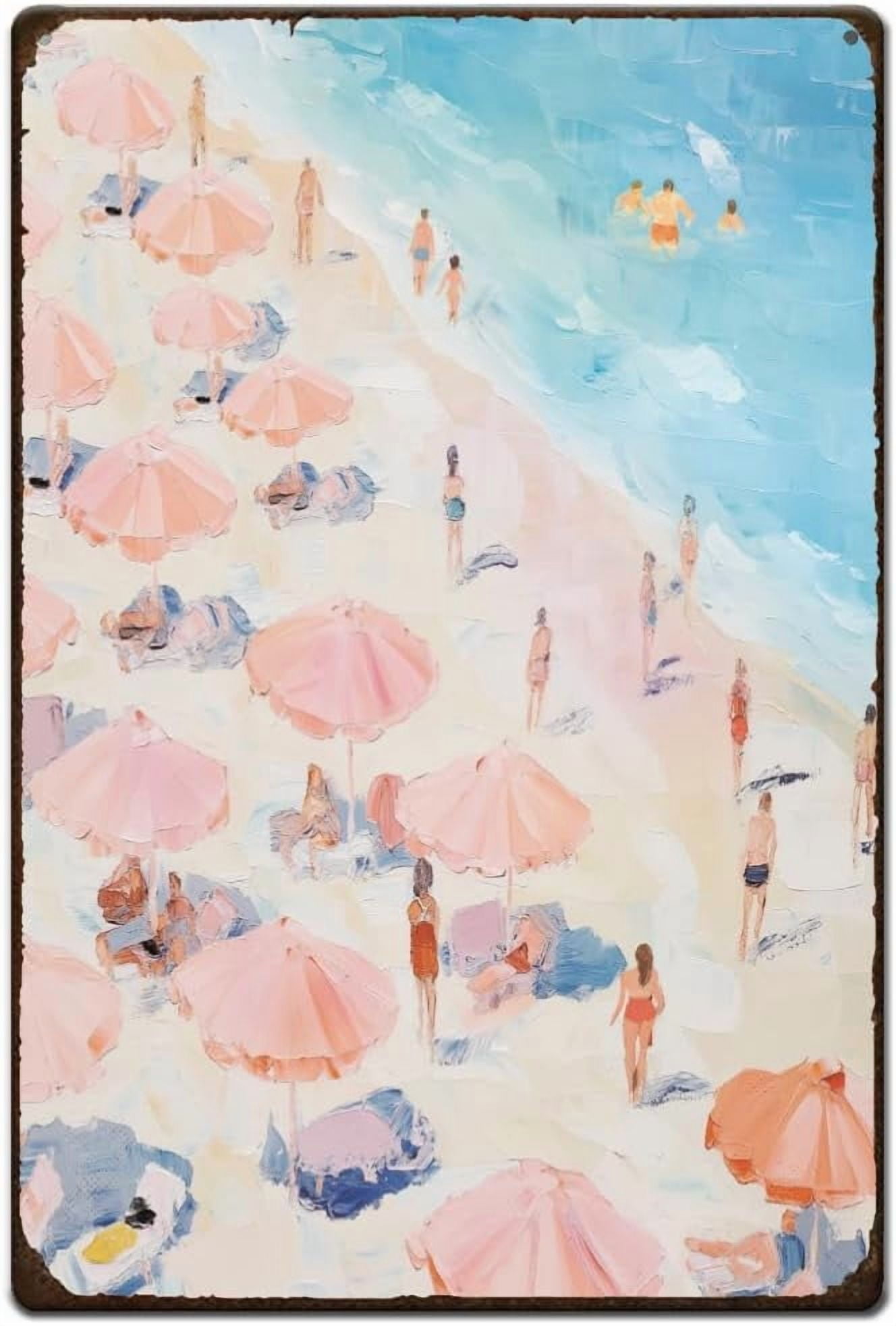 Beach Scene Metal Signs Pink Beach Tin Sign Summer Seaside Metal Wall ...