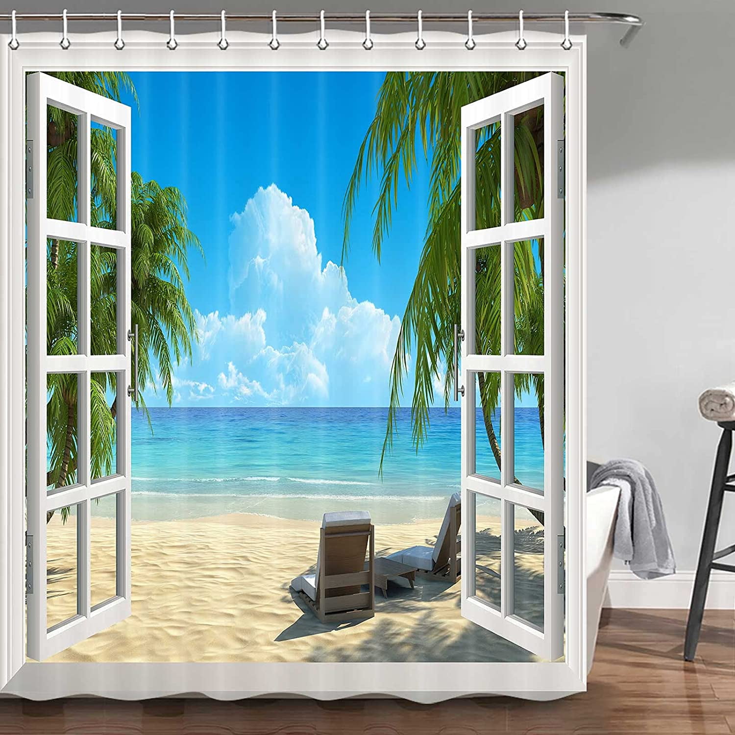 Beach Scene Shower Curtain, Tropical Beach Shower Curtain Summer ...