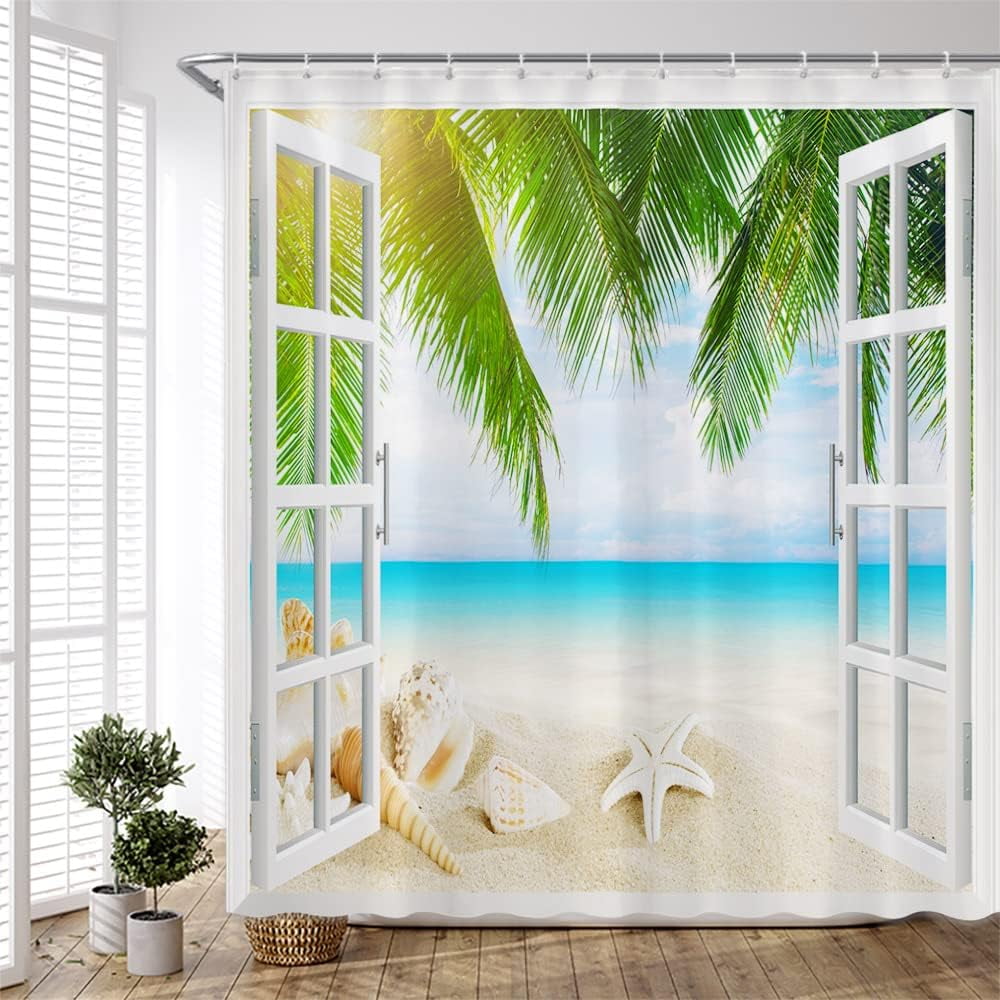 Beach Scene Shower Curtain Tropical Beach Starfish Conch Shell Summer ...