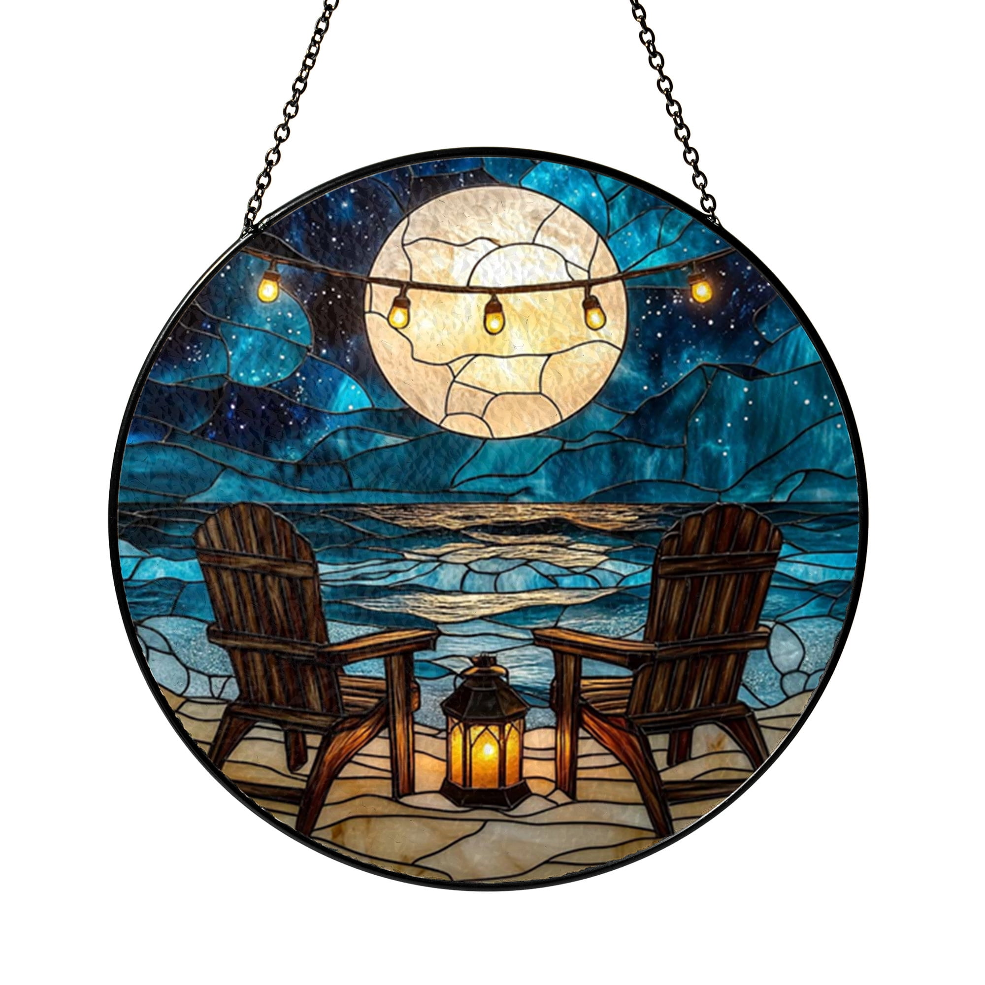 Beach Scene Stained Glass Style Suncatcher – Round Coastal Window ...
