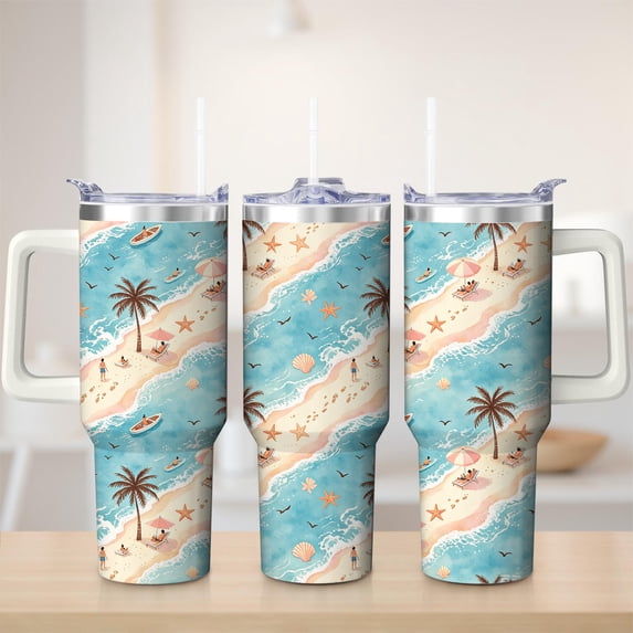 Beach Scene Stainless Steel Tumbler with Lid and Handle, for mom, 30oz ...
