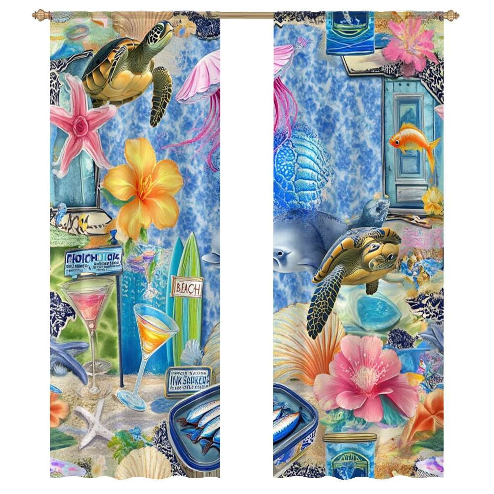 Beach Scene Vibrant Tropical Fun Modern Tulle Window Curtains for ...