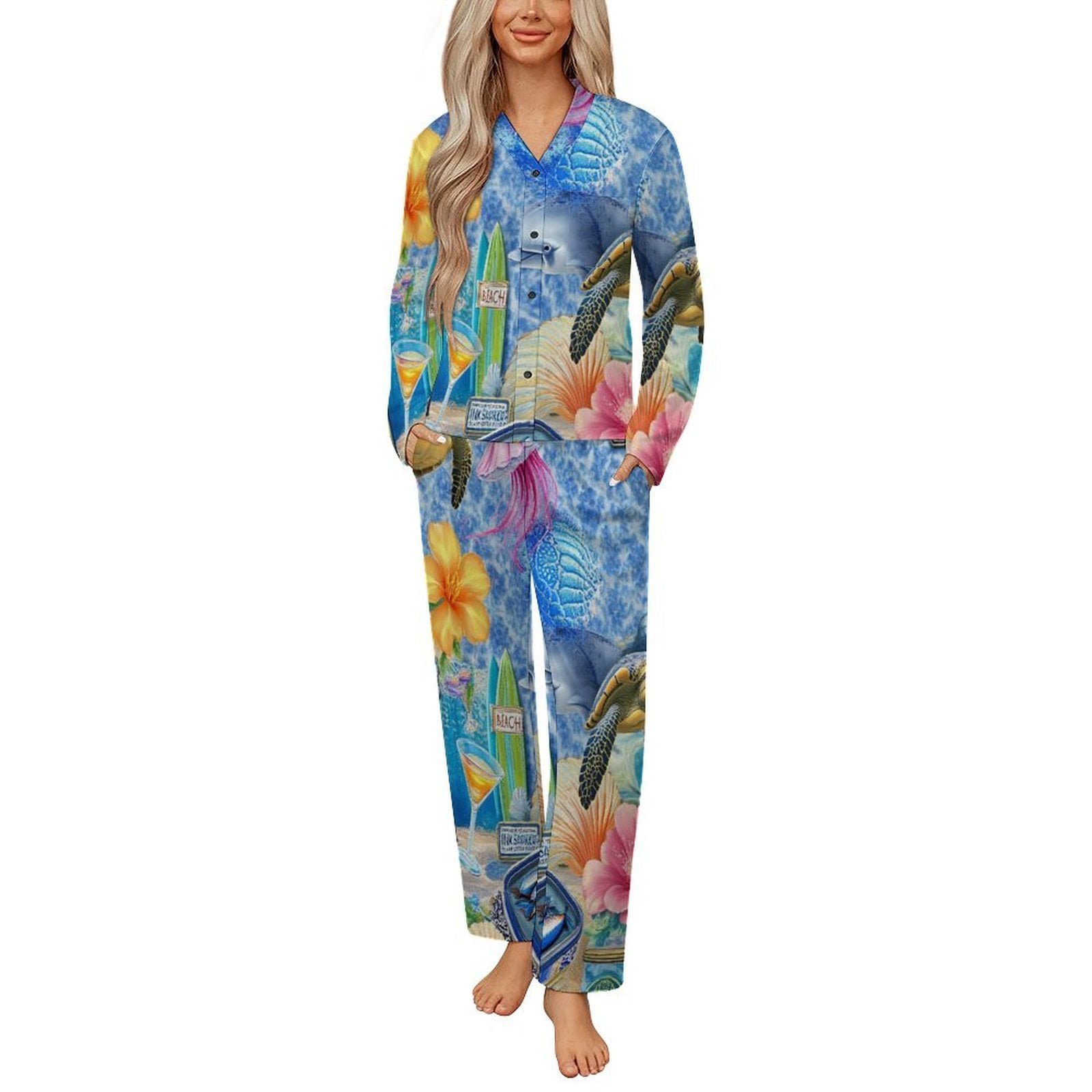 Beach Scene Vibrant Tropical Fun Womens Pyjamas Set Button Up Pyjamas ...