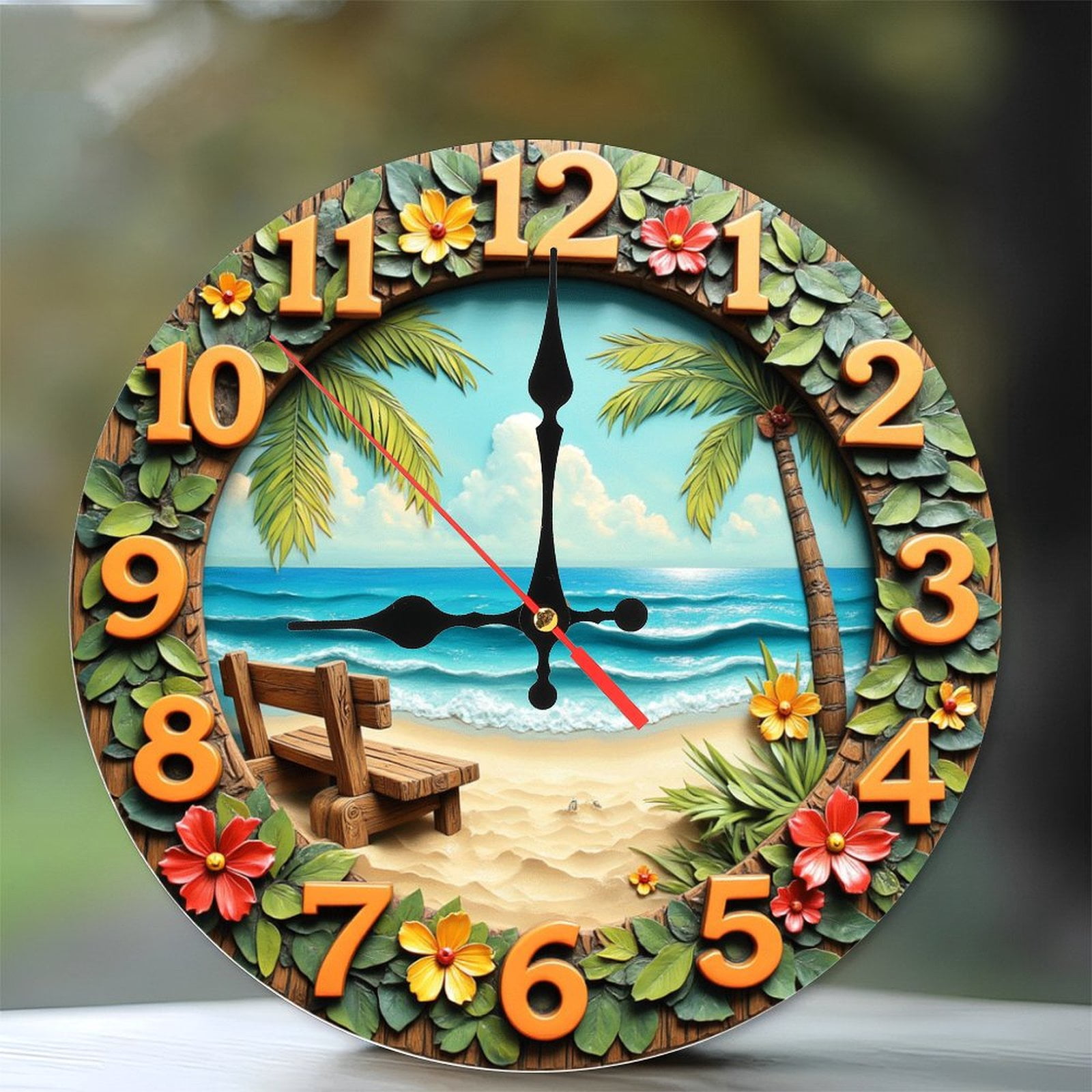 Beach Scene Wall Clock Tropical Ocean Decor 10-Inch Silent Wooden Wall ...