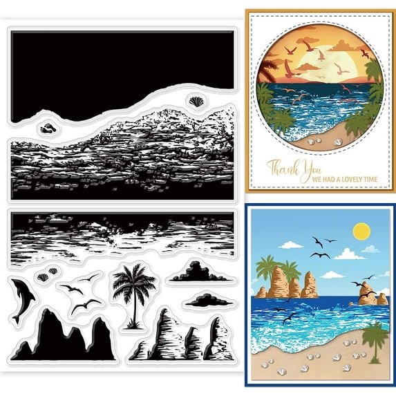 Beach Sceneries Clear Stamps for Card Making Decorative Coconut Tree ...