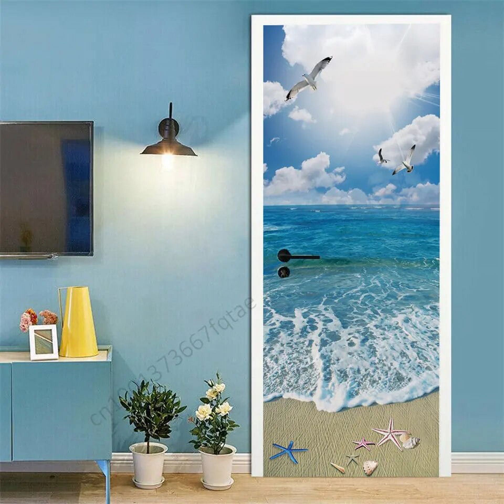 Sunset Blue Sky Door Stickers Self-Adhesive Beach Scenery Sea Mural for ...