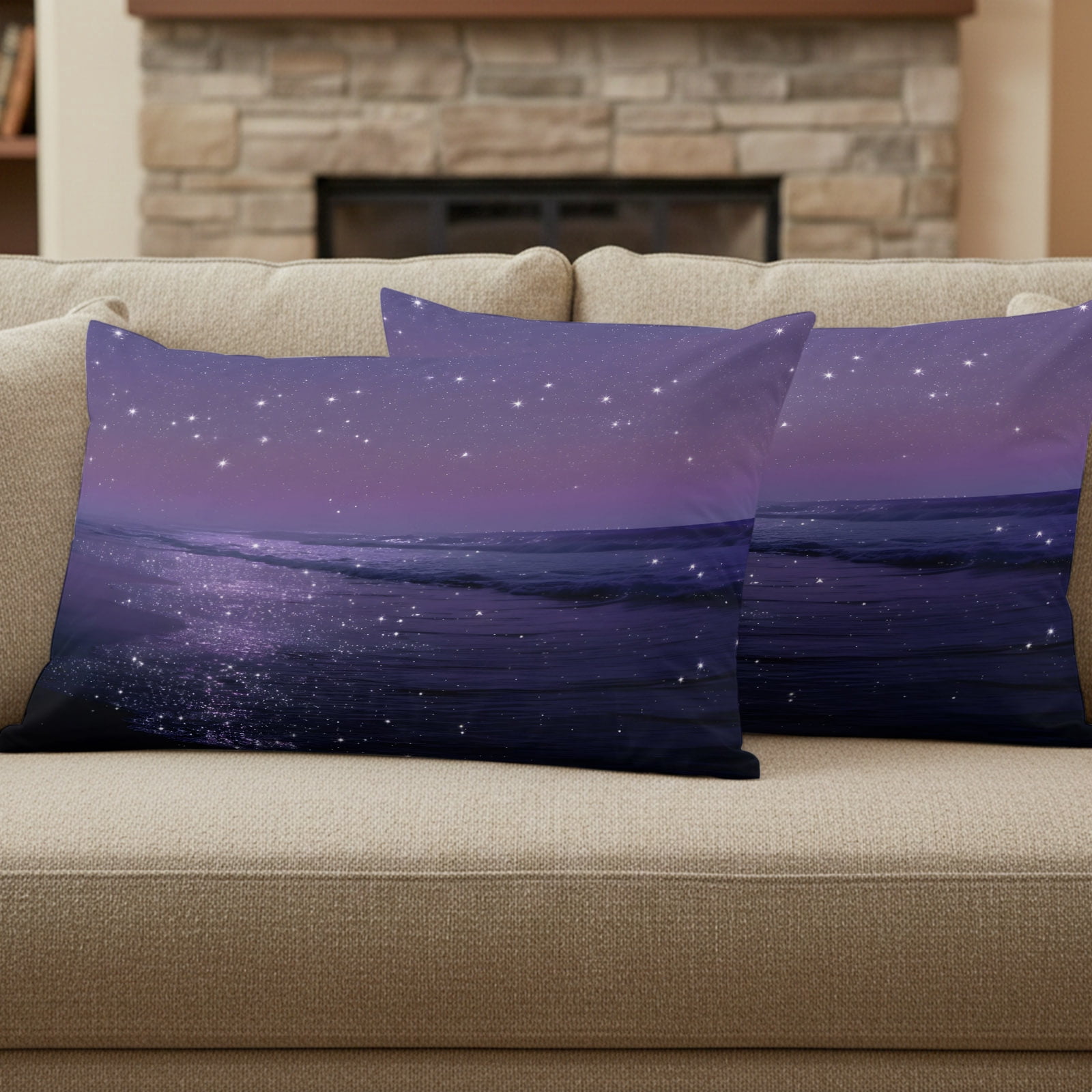 Beach Scenery Pillow Covers Set of 2, Dreamy Dark Purple Glitter Sand ...
