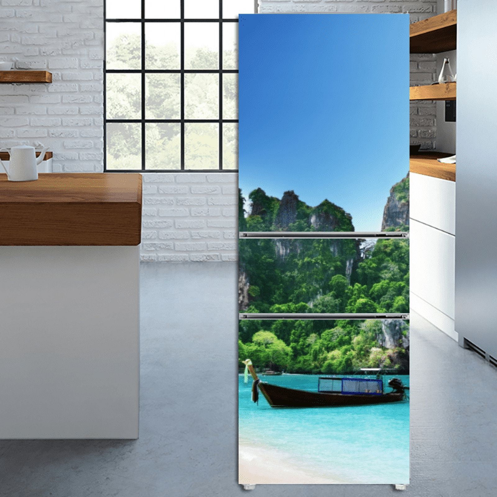 Beach Scenery Sea Fridge Magnets Fridge Door Cover Sticker Floral Vinyl ...