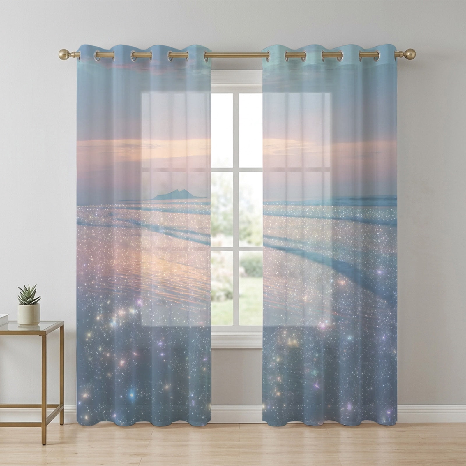 Beach Scenery Sheer Curtains 63 Inch Long 2 Panels, Dreamy Glitter Sand ...