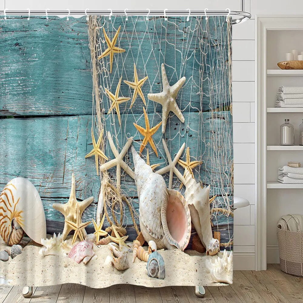 Beach Scenery Shower Curtain Coconut Tree Ocean Starfish Dolphin Shell ...