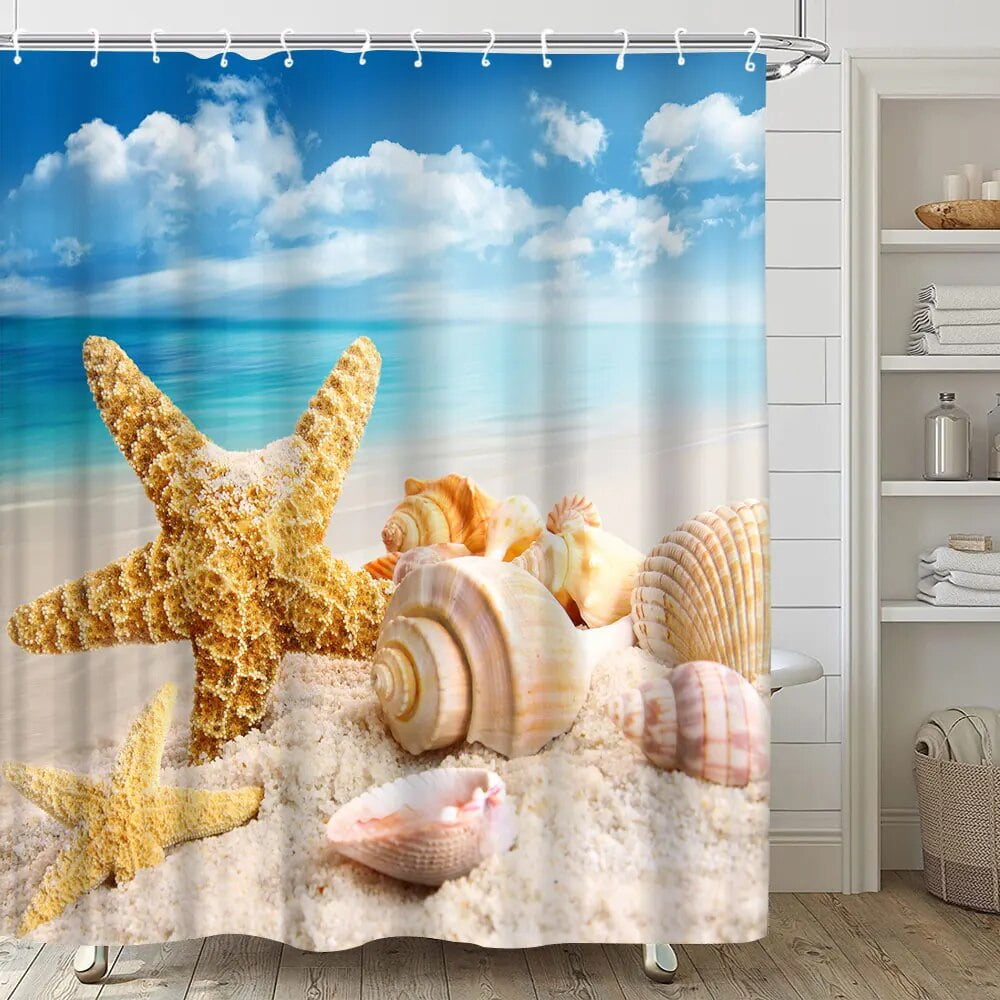 Beach Scenery Shower Curtain Coconut Tree Ocean Starfish Dolphin Shell ...