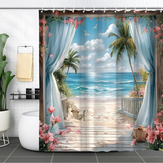 Beach Scenery Shower Curtain Tropical Palm Tree Blue Sky Sea Wave Pink ...