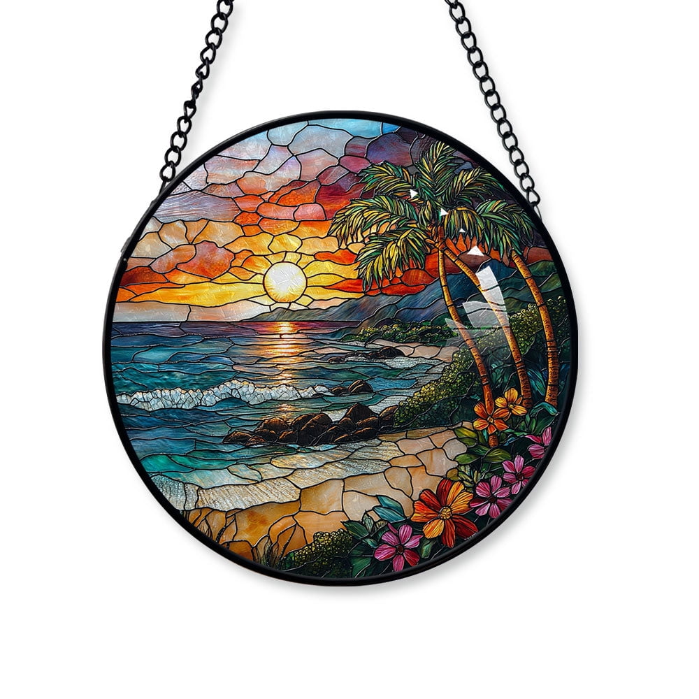 Beach Scenery Stained Glass Suncatcher Window Hanging, Christmas 2025 ...