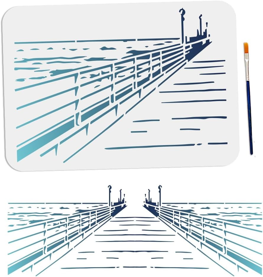 Beach Scenery Stencil Splicing Patterns 21×7.6inch Large Ocean Bridge ...
