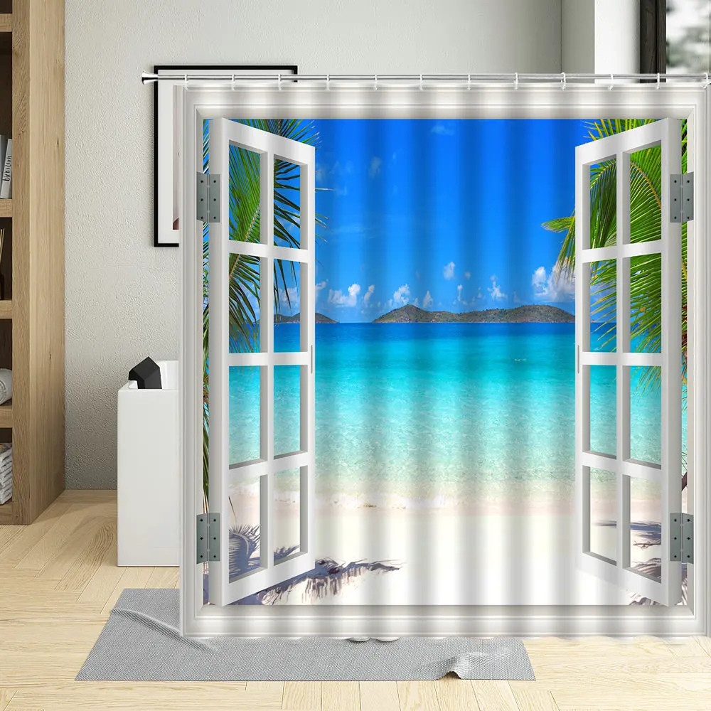 Beach Scenery Window View Bathroom Shower Curtain Waterproof Polyester ...