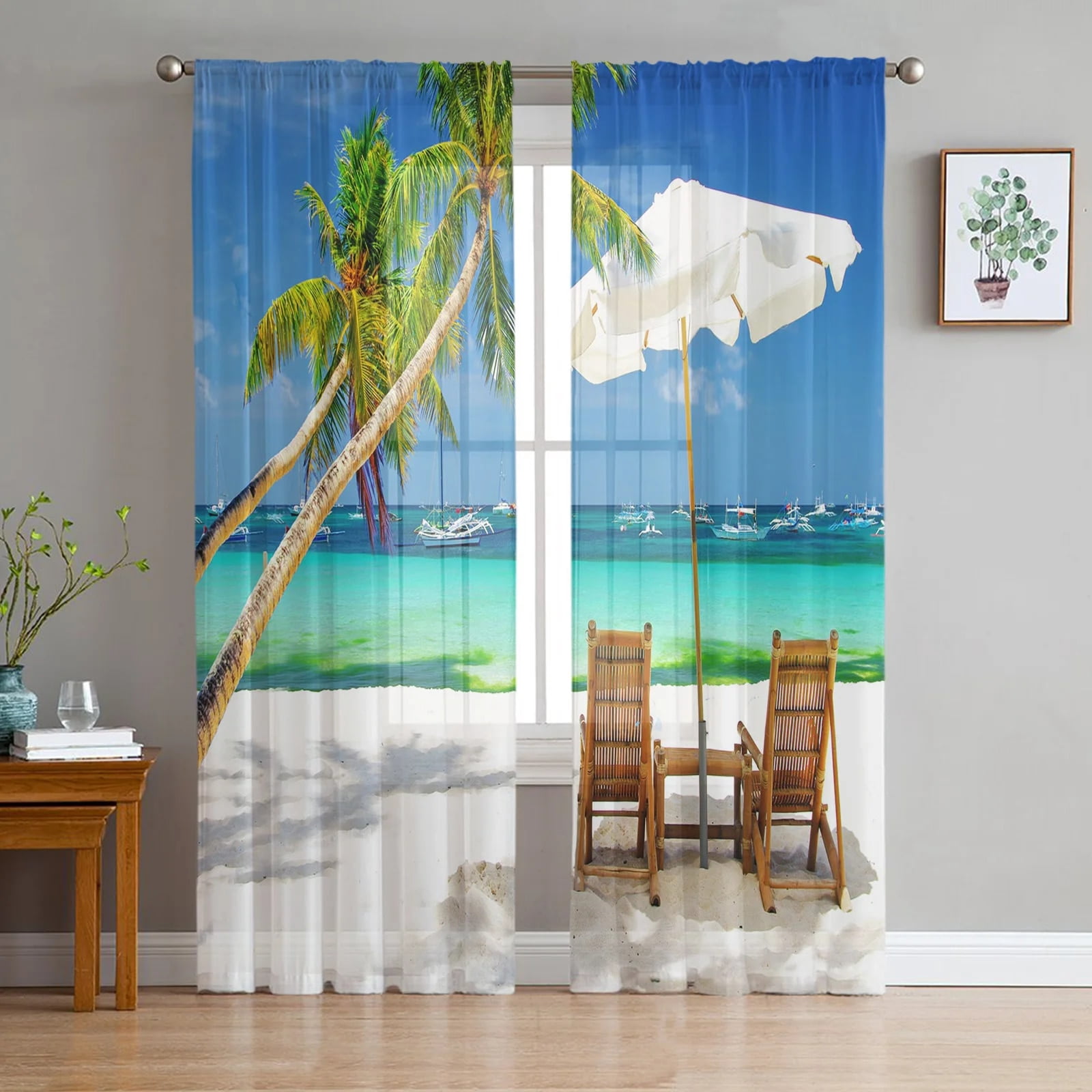 Beach Sea Blue SkyChair Sheer Window Curtains for Bedroom The Living ...