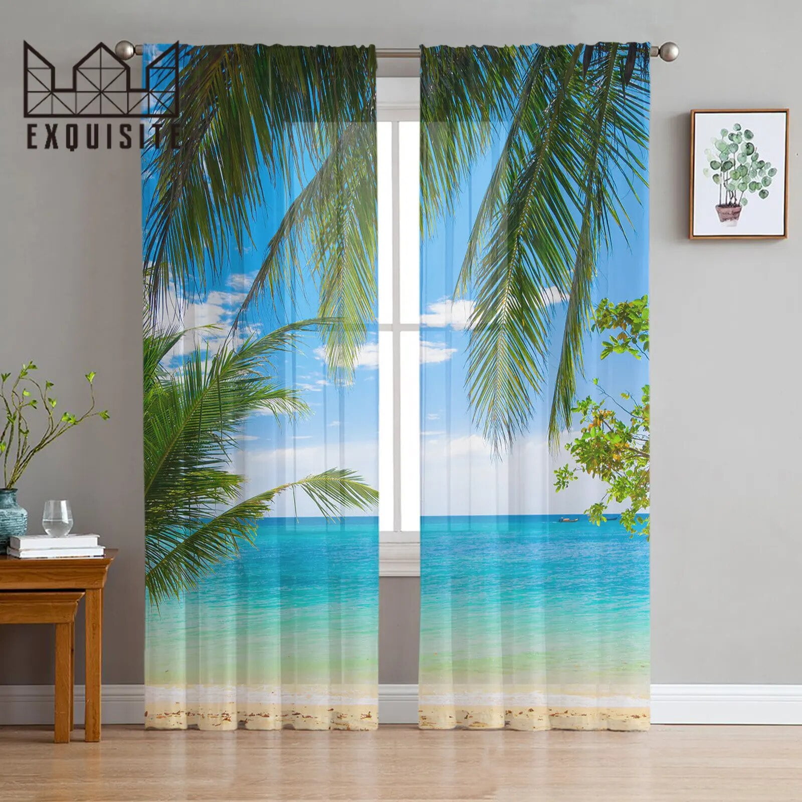 Beach Sea Coconut Tree Modern Printed Tulle Curtains for Bedroom ...