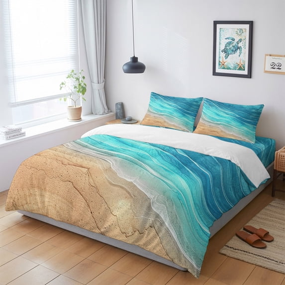Beach Sea Foaming Waves Blue Ombre King Size Bed Set,Sandbeach Ocean ...